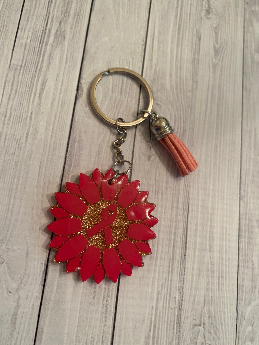 Breast Cancer Keychain. Pink Ribbon Keychain, Sunflower Keyring, Pink ...
