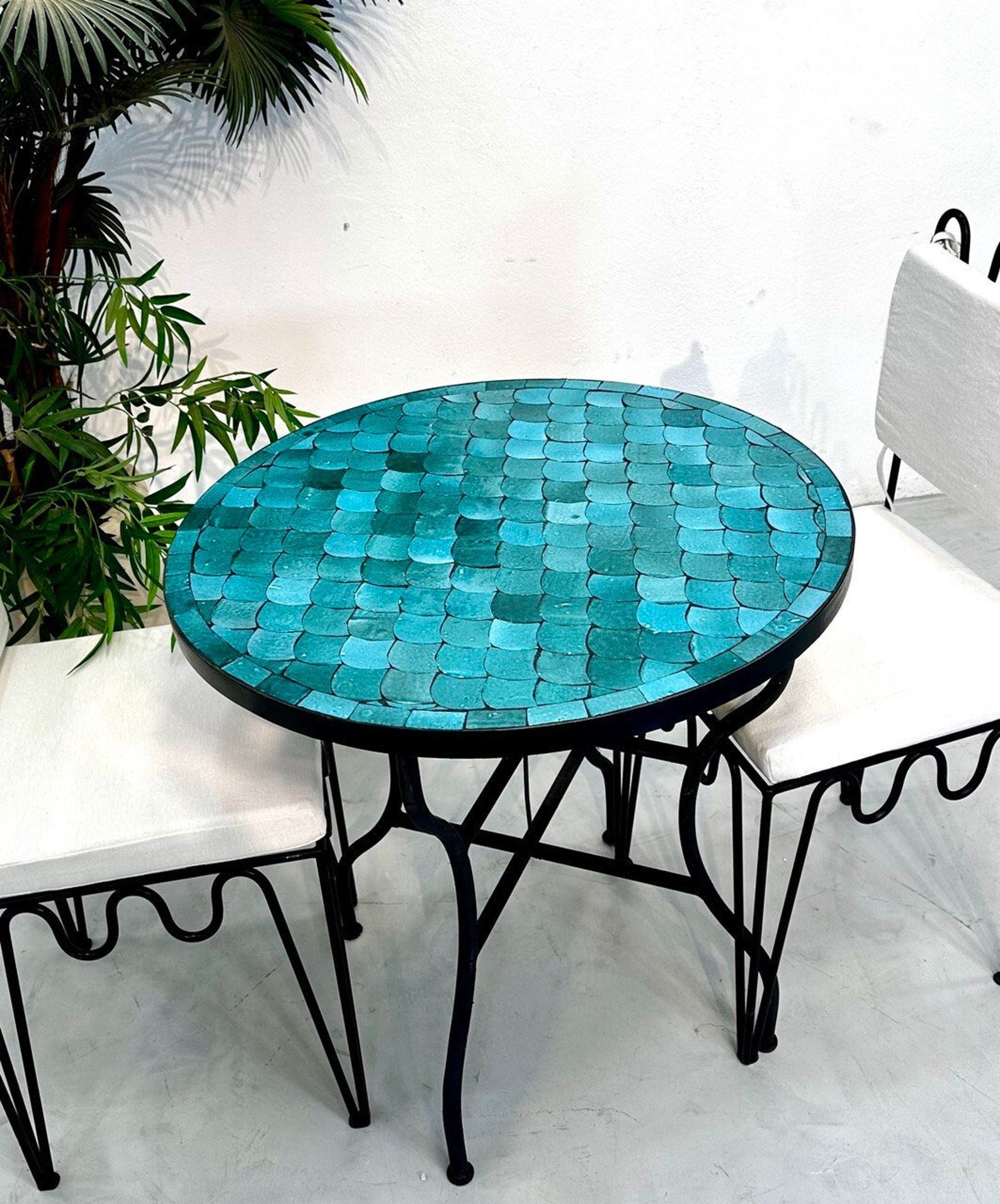 Turquoise Moroccan Zellige Bistro Table Set, Handmade Mosaic Patio ...