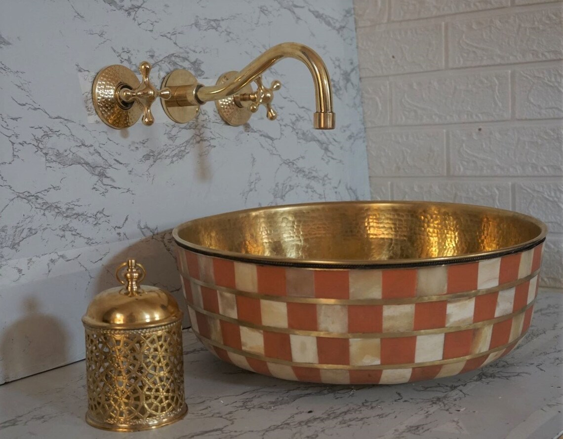 AMAZING BRASS SINK ,checkered Peach Resin and Bone Design Sink ...