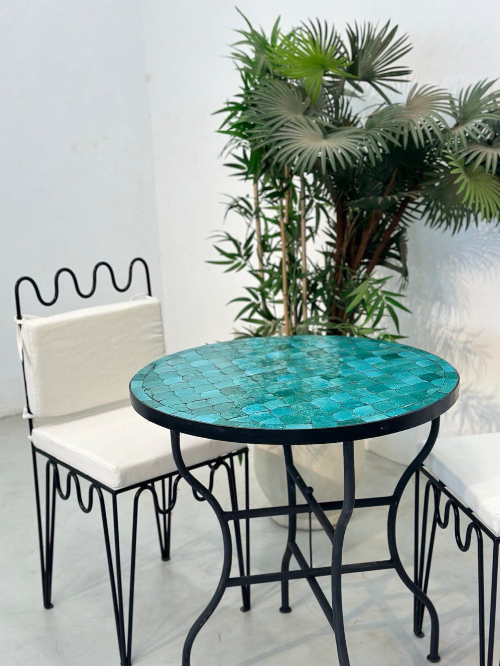 Turquoise Moroccan Zellige Bistro Table Set, Handmade Mosaic Patio ...