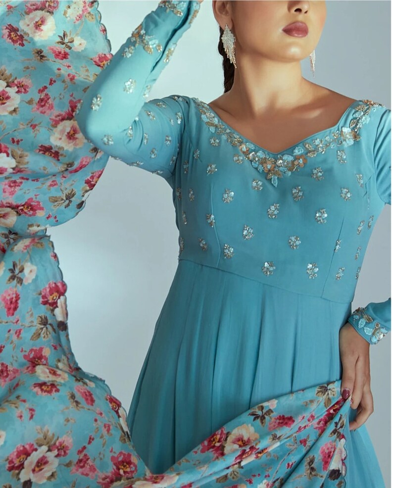 Blue Silk Anarkali Gown: Indian Wedding Suit With Floral Dupatta - Etsy