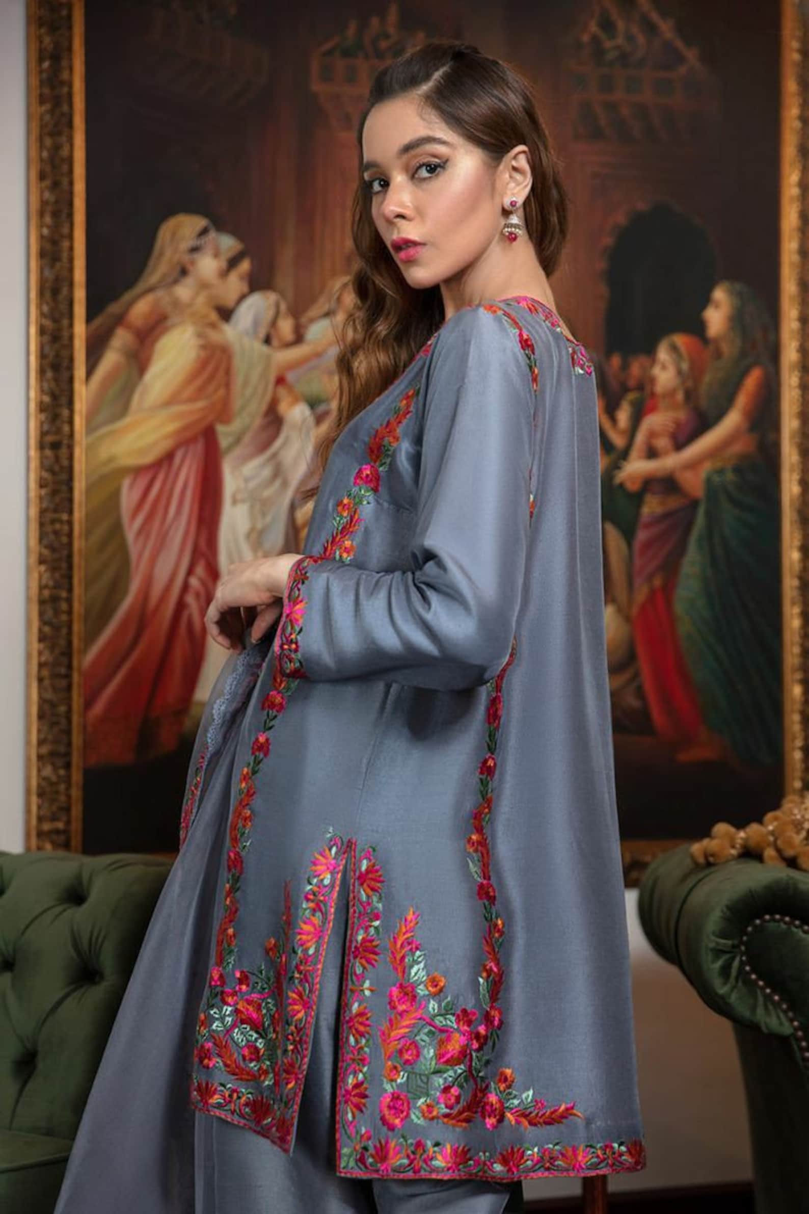 Raw Silk Salwar Kameez: Floral Embroidery Pakistani Kurti Pant Suit - Etsy
