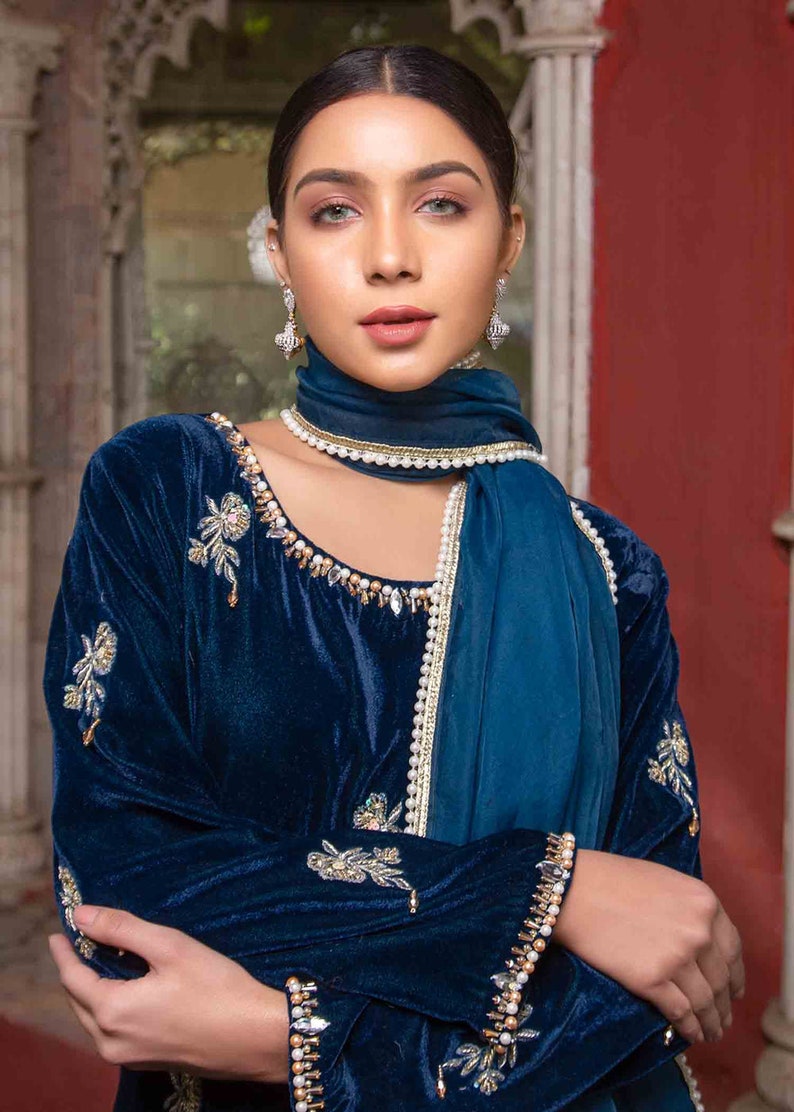 Teal Blue Velvet Salwar Suit: Embroidered Indian Women's Wear - Etsy