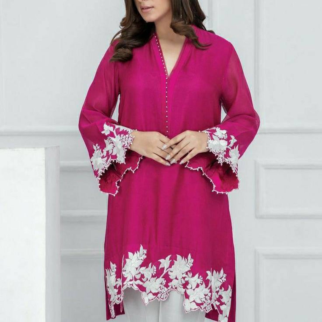 Hot Pink V Neck Embroidered Short Kurti,white Straight Pant,plus Size ...