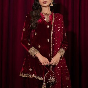 Red Designer Embroidered Velvet Anarkali Kurti With Salwar,3 Pc Salwar ...