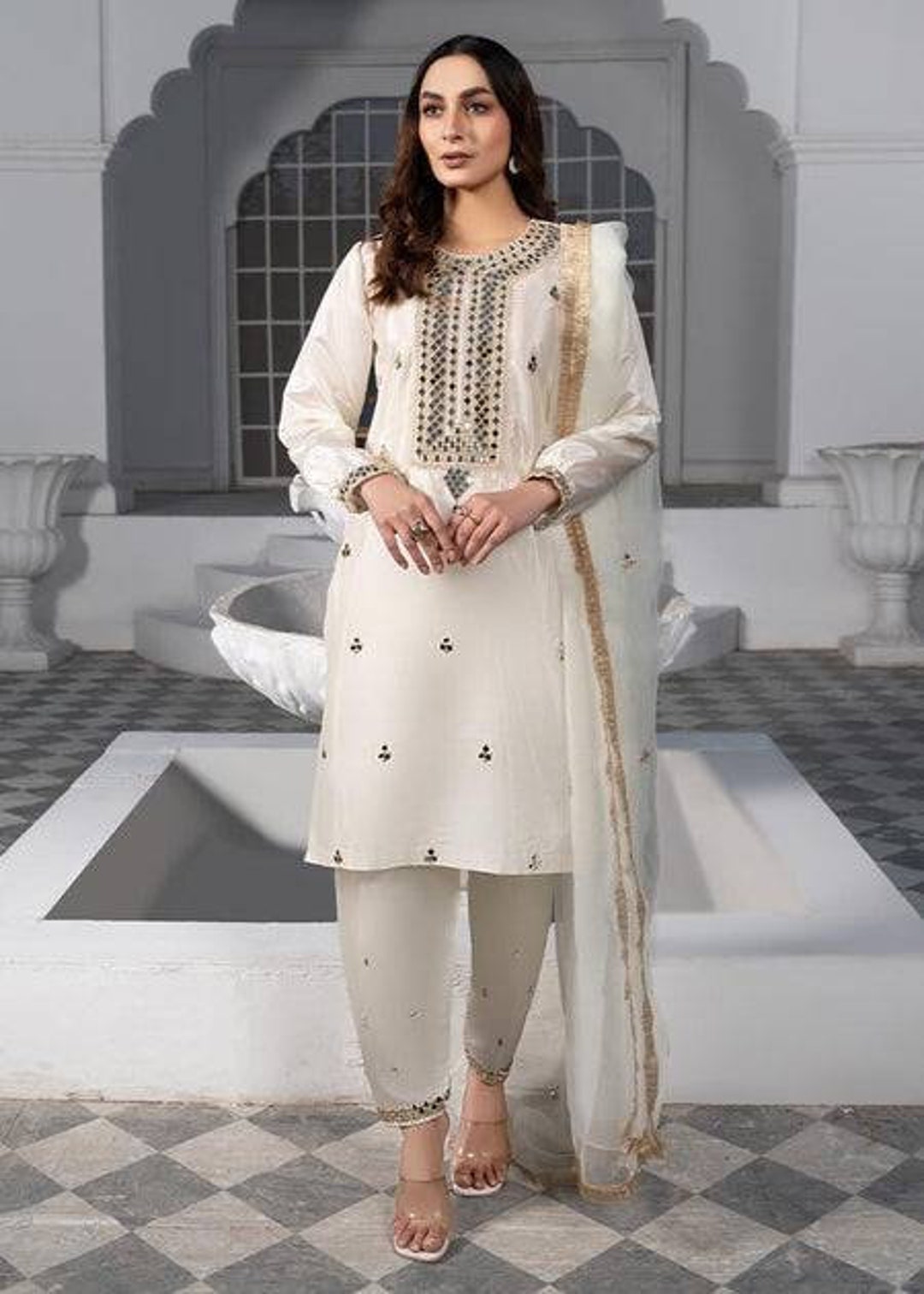 Mirror Work Silk Kurti Pant Suit, Mirror Embroidered Salwar Suit ...