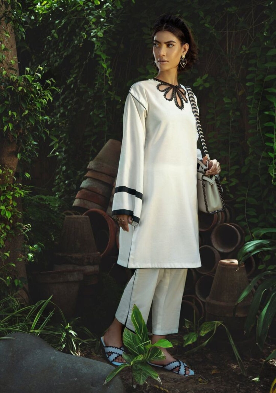 White Embellished Tunic Pant Suit Set for Women , Cotton Summer Dress ...