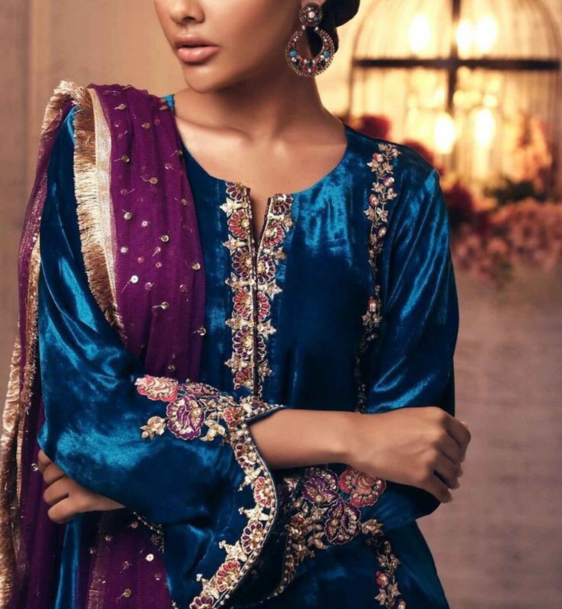 Velvet Embroidered Short Kurti With Velvet Straight Pantplus | Etsy