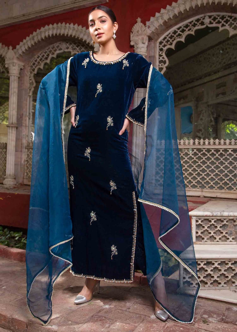 Teal Blue Velvet Salwar Suit: Embroidered Indian Women's Wear - Etsy