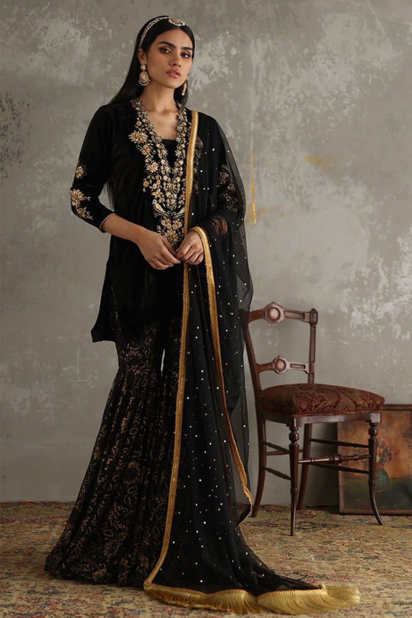 Velvet Embellished Suit: Hand Embroidered Short Top With Banarasi ...