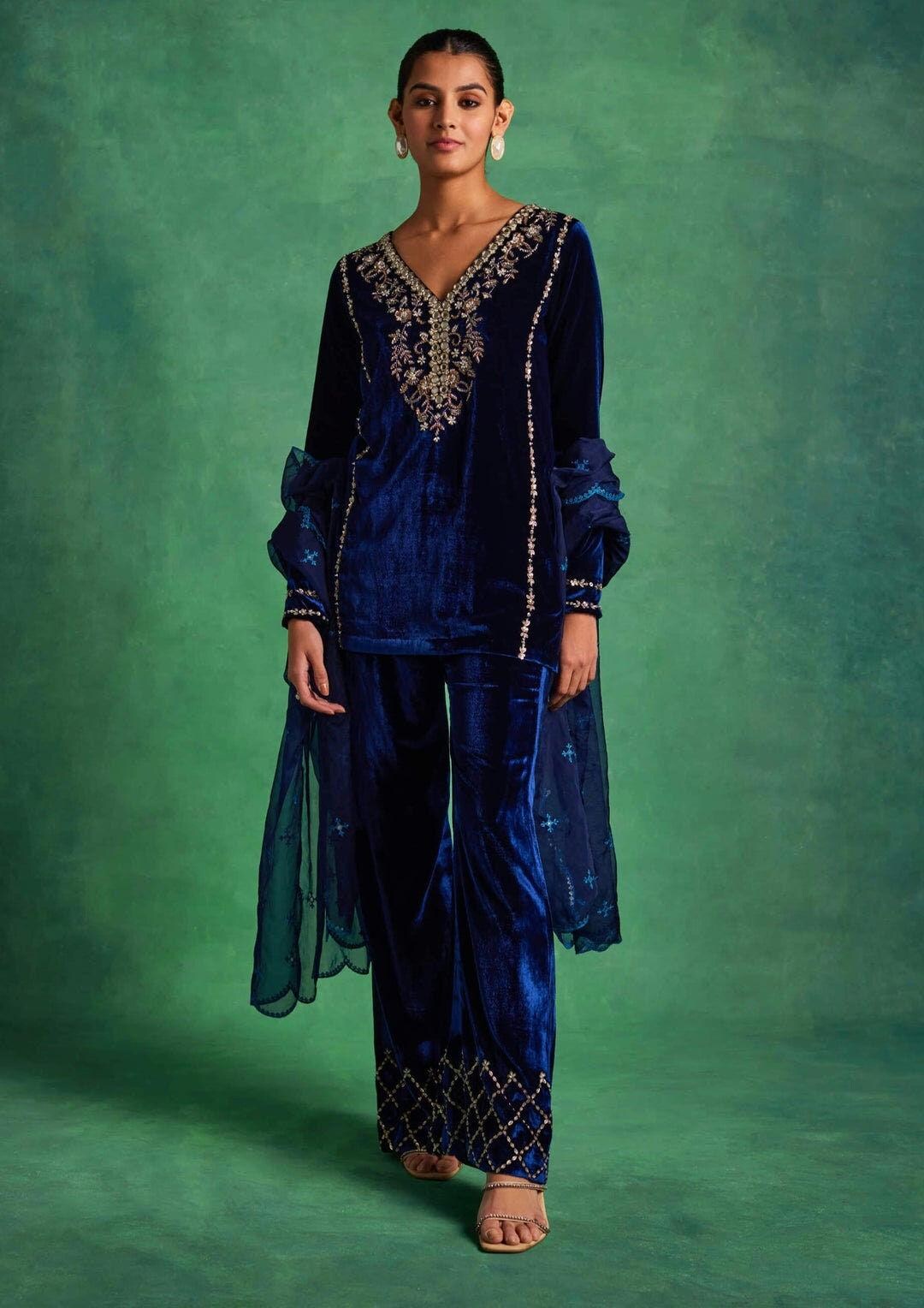 Blue Velvet Salwar Kameez Suit: Beaded Embellished Short Tunic With ...