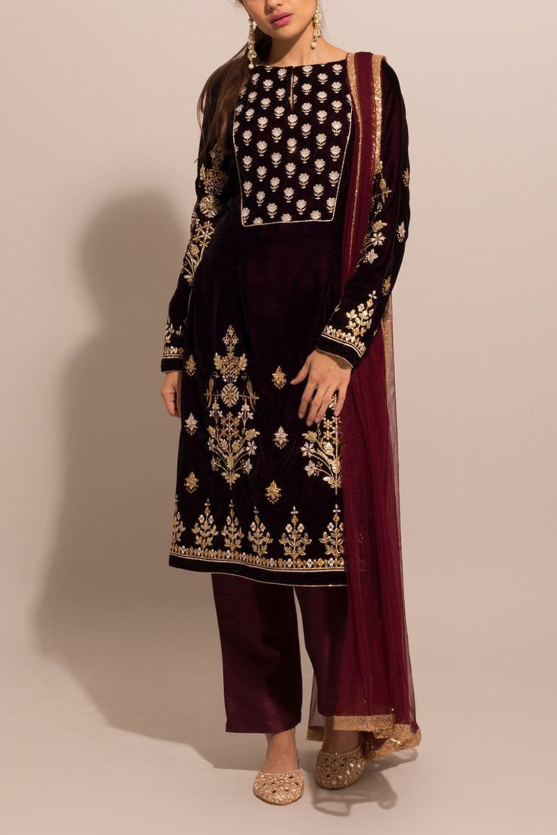 Velvet Embellished Kurta in Black and Maroonwinter Velvet | Etsy