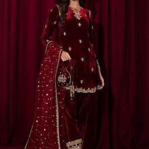 Red Designer Embroidered Velvet Anarkali Kurti With Salwar,3 Pc Salwar ...