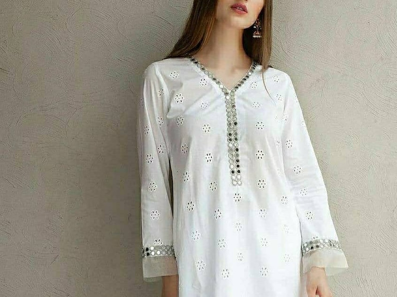 White Pakistani Mirror Work Kurti White Tulip Pant Kurti - Etsy