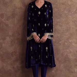 Velvet Salwar Kameez for Women, Embellished Long Velvet Kurti Pant Set ...