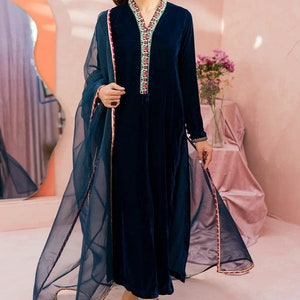 Teal Blue Velvet Dress,embroidered Velvet Suit,velvet Salwar Suit ...