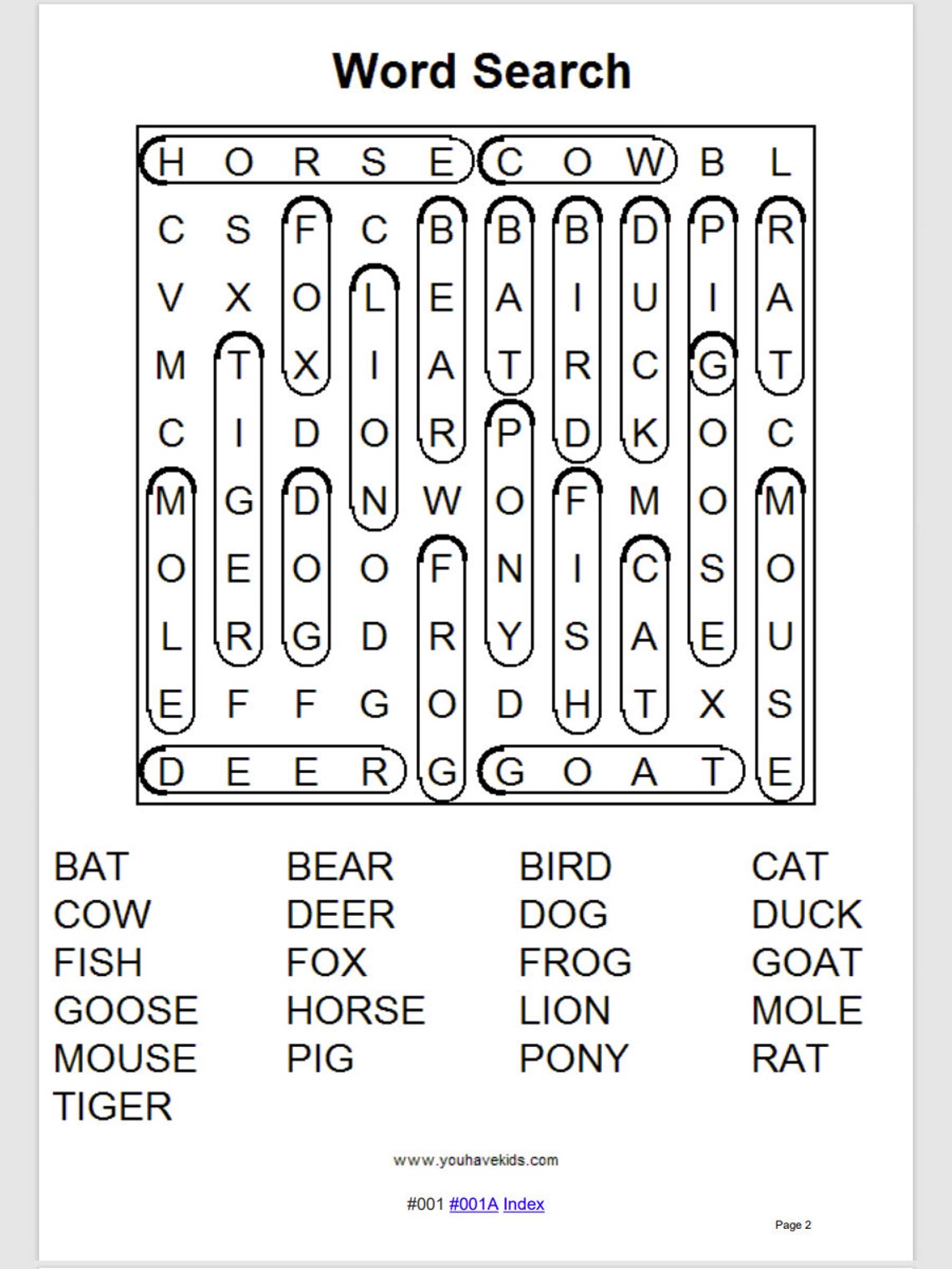 100 Printable Grade 1 Animals Word Searches With Answers - Etsy