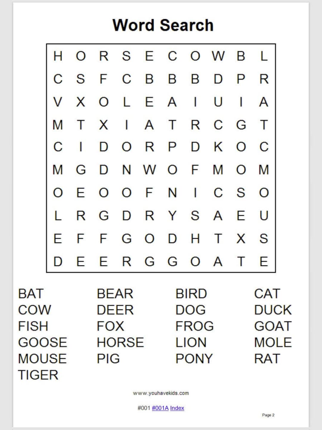 100 Printable Grade 1 Animals Word Searches With Answers - Etsy
