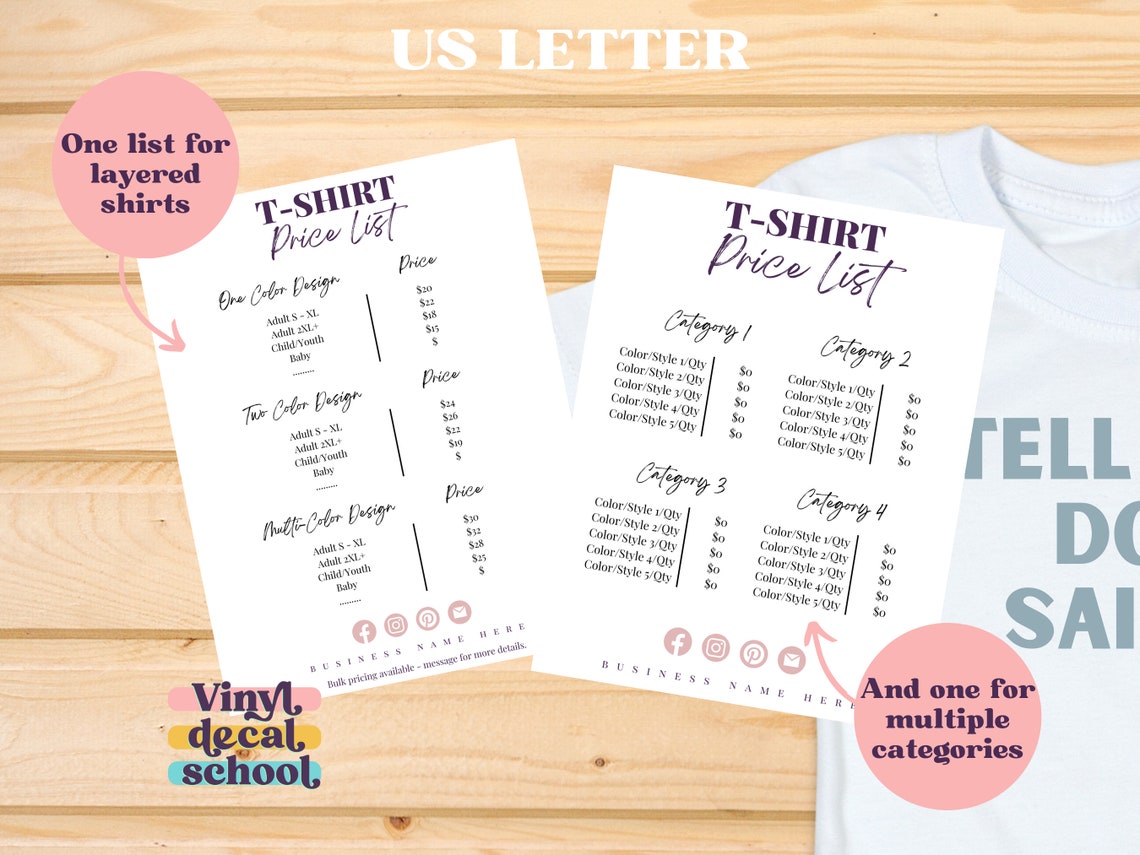 Editable Iron on Vinyl Shirts Pricing List // Easy to Edit HTV Price ...