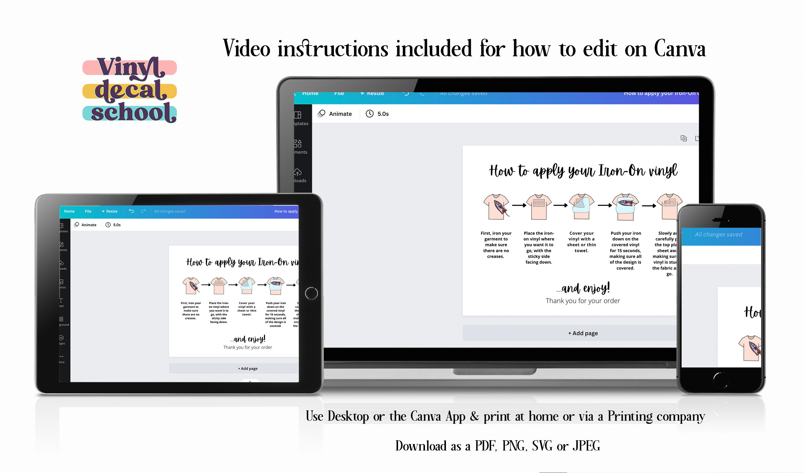 Printable & Editable Iron-on Vinyl Instructions Card With Illustrations ...