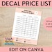 Editable Vinyl Price List // Easy to Read Pricing Chart, Perfect for ...