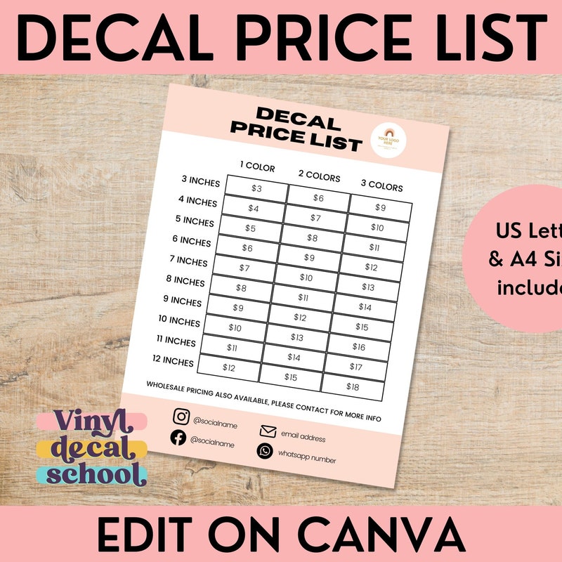 Vinyl Decal Pricing Chart - Etsy