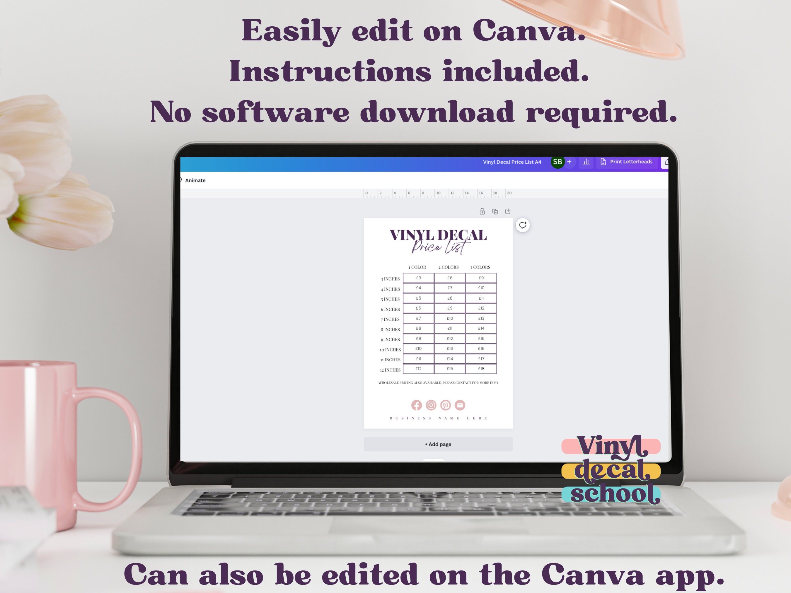 Editable Vinyl Pricing List // Easy to Read Vinyl Decal Pricing Chart ...