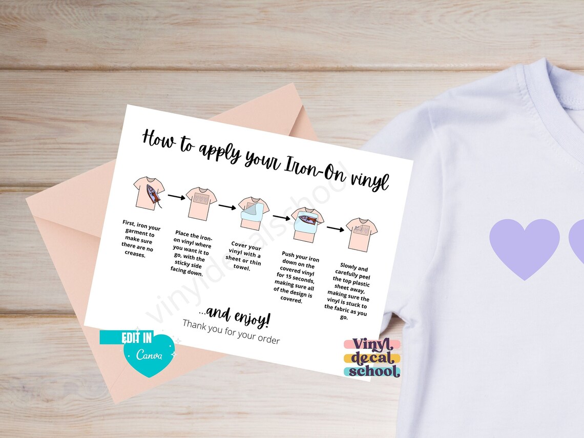 Printable & Editable Iron-on Vinyl Instructions Card With Illustrations ...