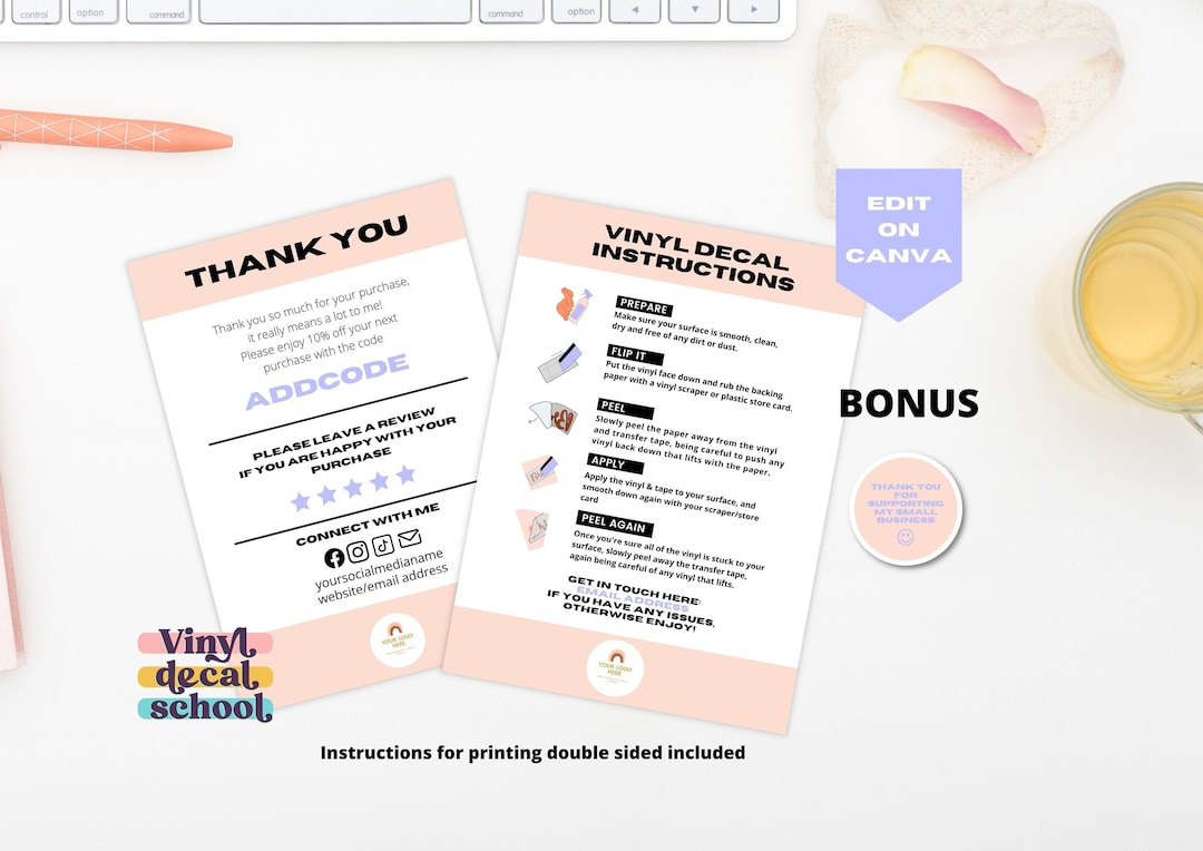 Printable & Editable Vinyl Instructions and Thank You Card // + BONUS ...