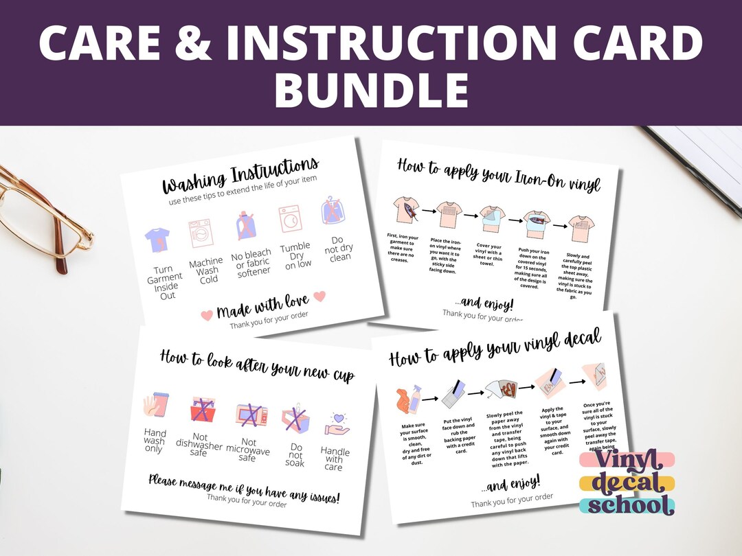 BUNDLE Care Card and Vinyl Instructions With Icons // US Letter & A4 ...