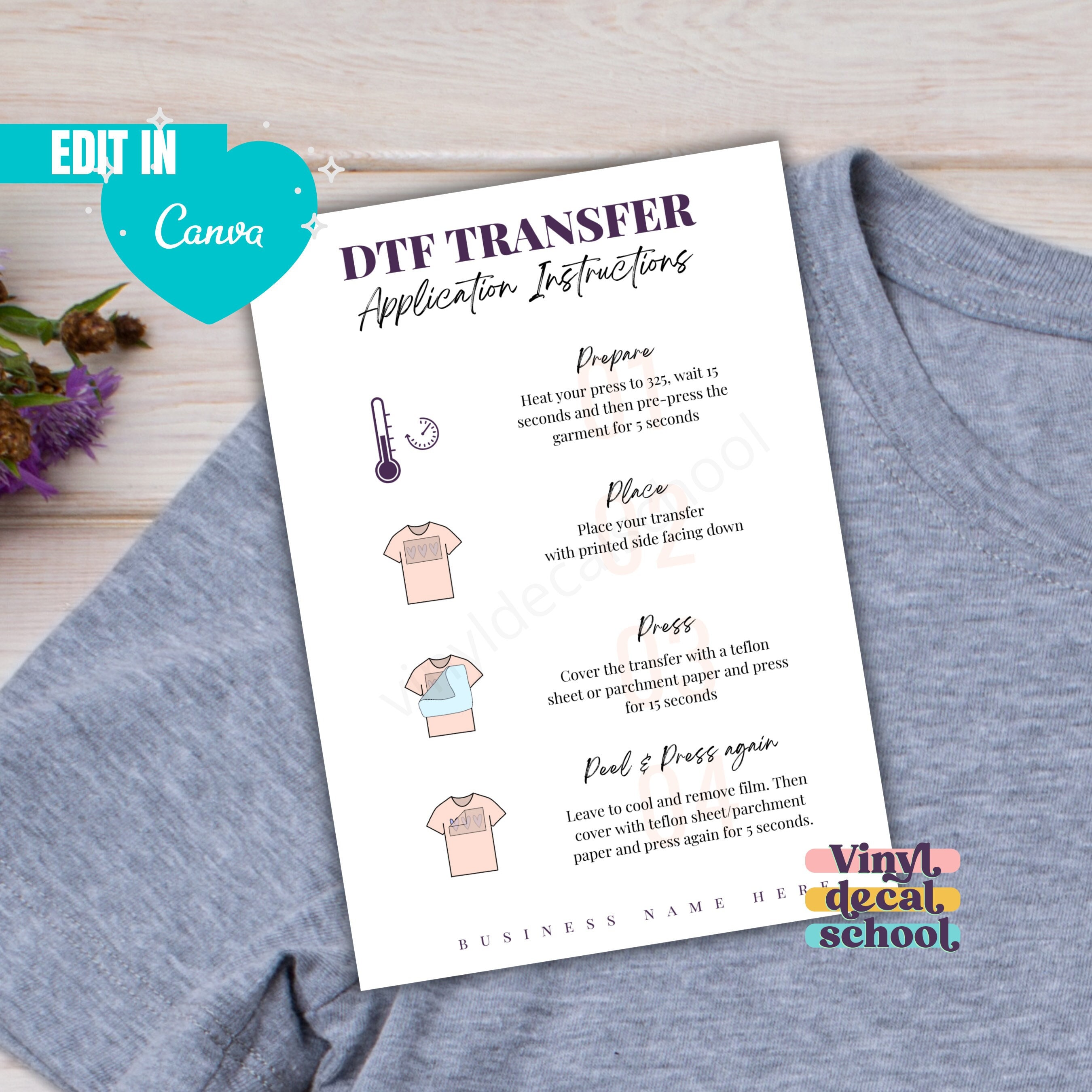 DTF Transfer Instruction Card With Illustrations // Ready to Press DTF Instructions Sheet ...