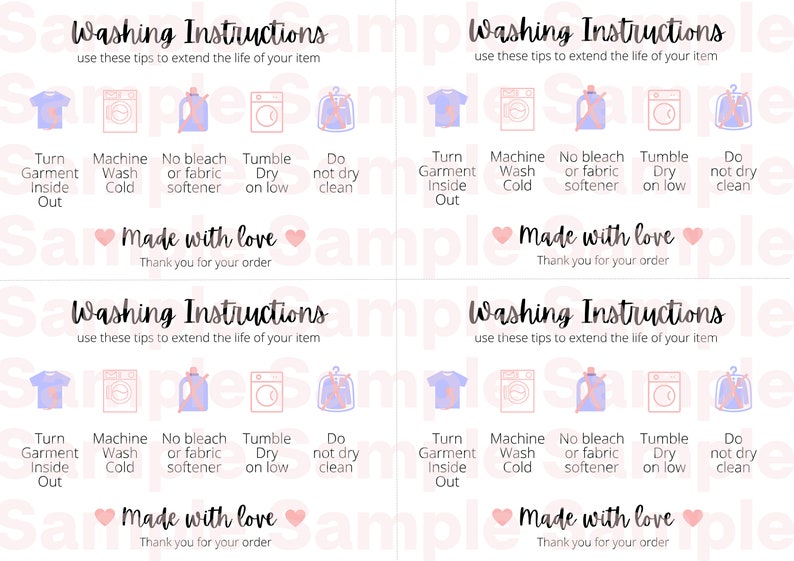 Washing Instructions Printable Card With Illustrations // 4 per Page US ...