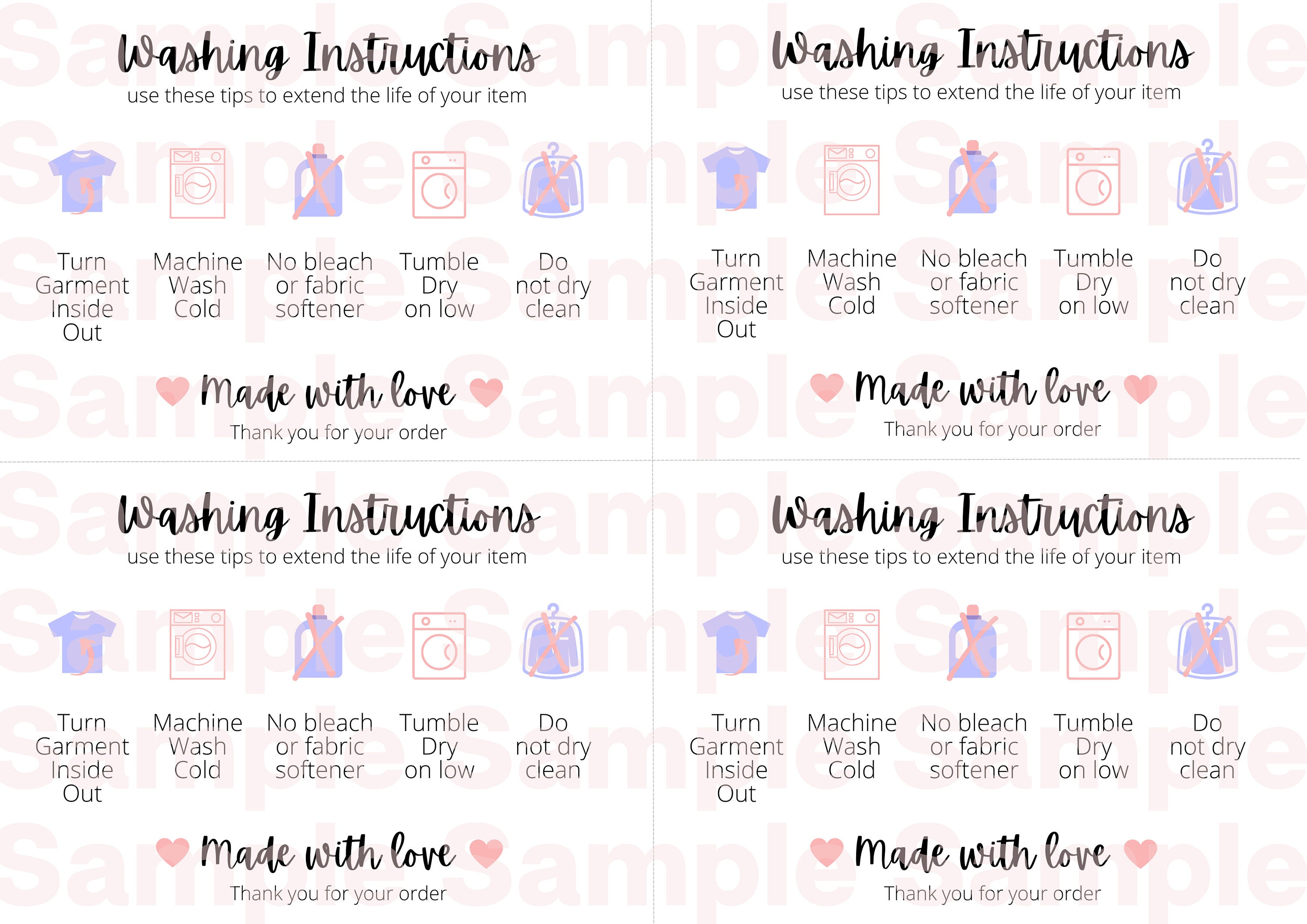 Washing Instructions Printable Card With Illustrations // 4 per Page US ...