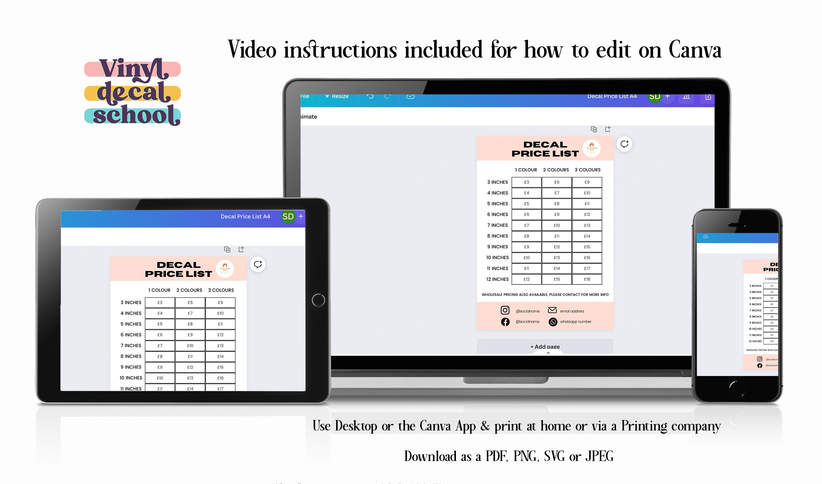 Editable Vinyl Price List // Easy to Read Pricing Chart, Perfect for ...