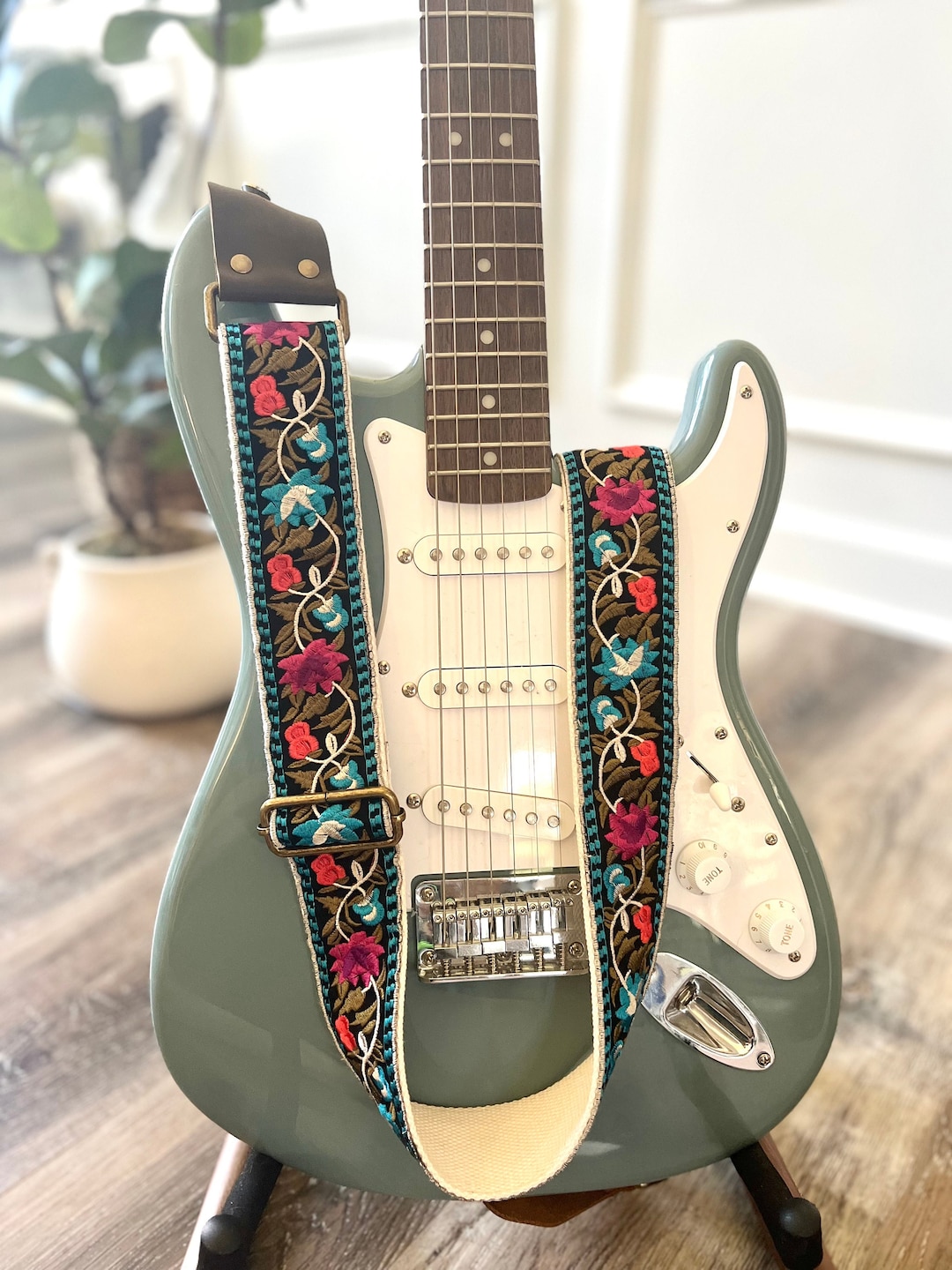 Blue Floral Lace Guitar Strap Made With Genuine Leather, Adjustable ...