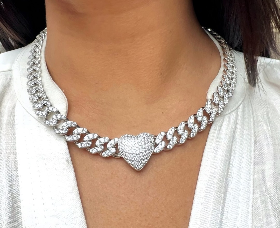 10mm Miami Cuban Link Chain With Heart | Iced Out Diamond CZ, Sterling ...