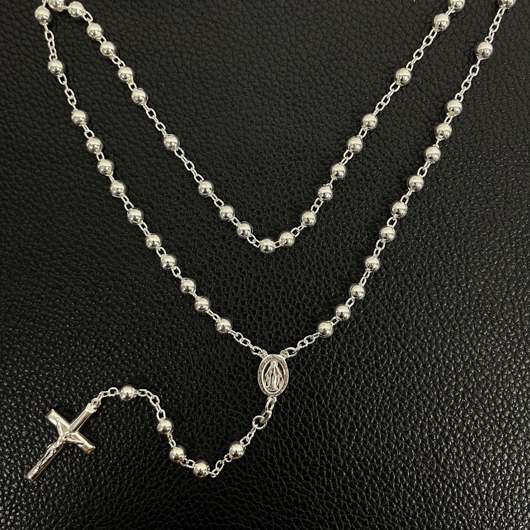 6mm Rosary - Rosario Shiny Chain Necklace 925 Sterling Silver Italian ...