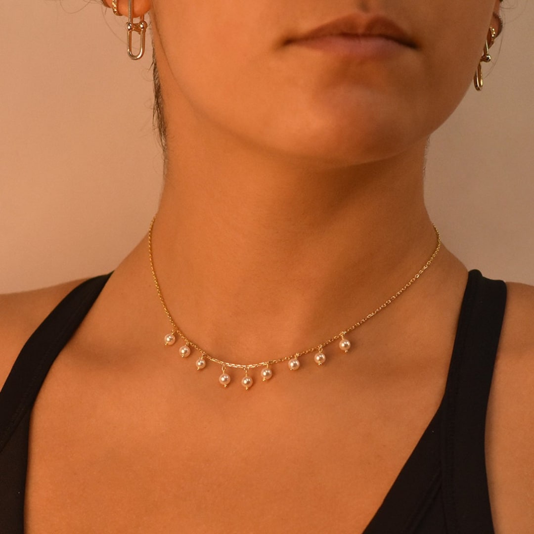 Freshwater Pearl Choker Necklace 14k Yellow Gold Clad Silver 925 15 2