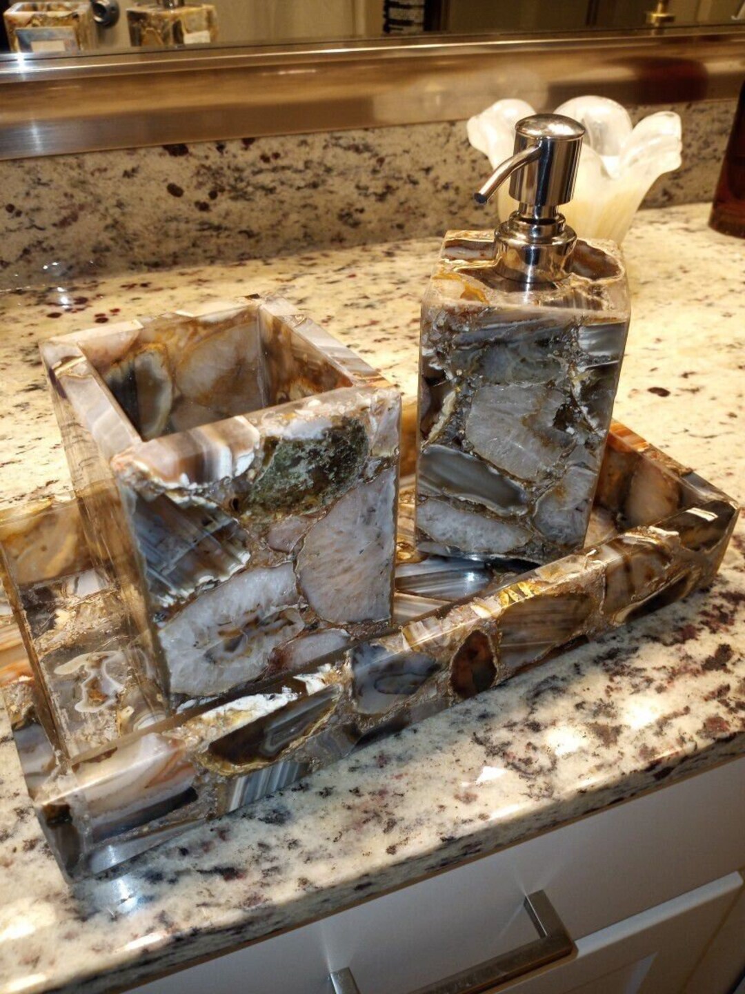 Set of 3 Pcs Agate Stone Bathroom Luxurious Vanity Top Set and ...