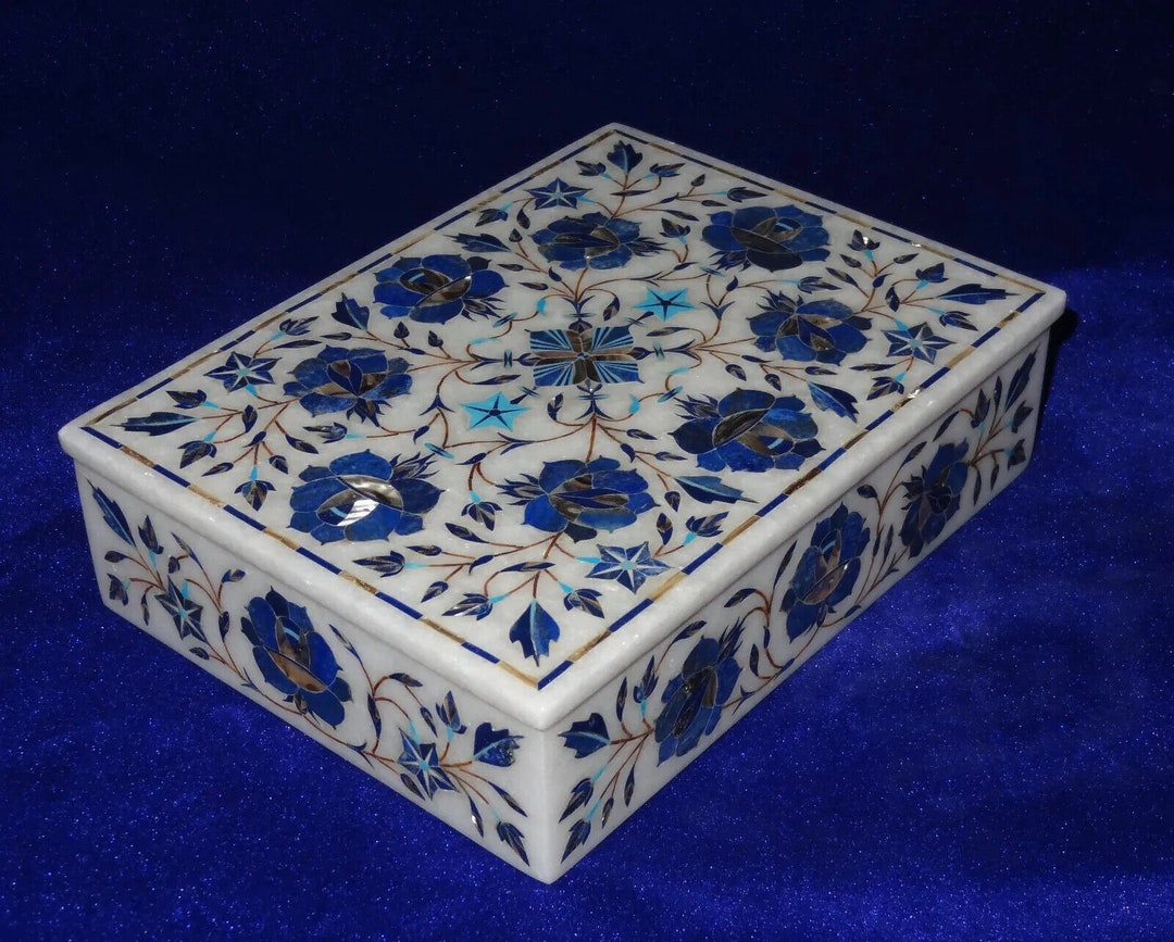 8x6x2 Elegant White Marble Storage Jewelry Box Lapis Lazuli Gemstone ...
