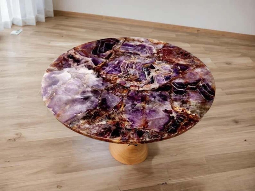 Elegant Amethyst Stone Coffee Table Top Round Shape Luxurious Gemstones ...