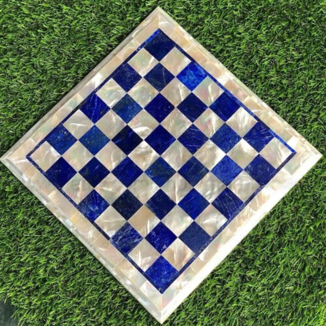 White Marble Chess Table Top With Lapis Lazuli Inlay Work Game - Etsy