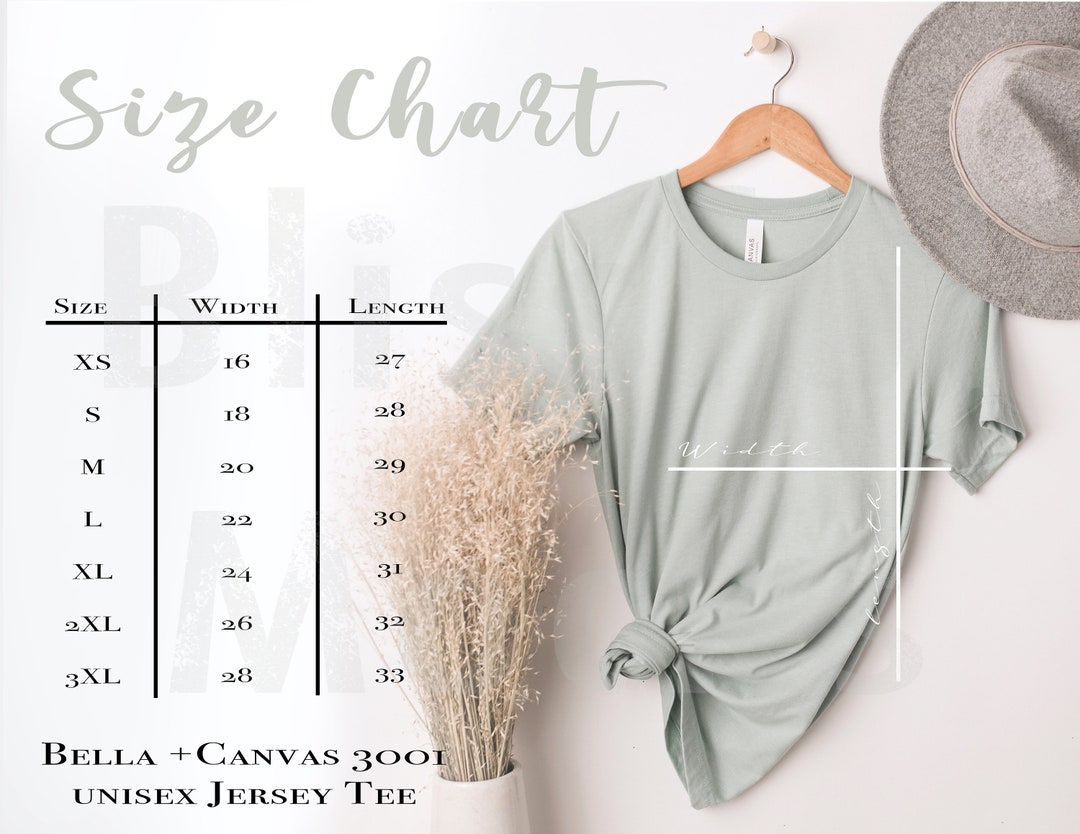 Bella Canvas Size Chart | Bella Canvas 3001 Size Chart | 3001 Size ...