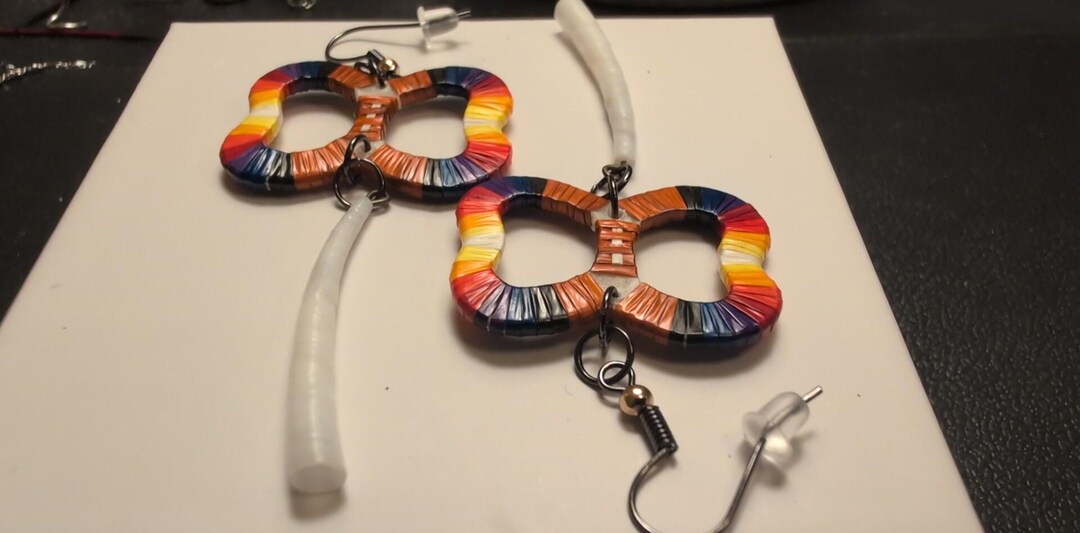 Quilled Midsize Butterfly Style Earring on Rawhide With Dentalium Shell ...