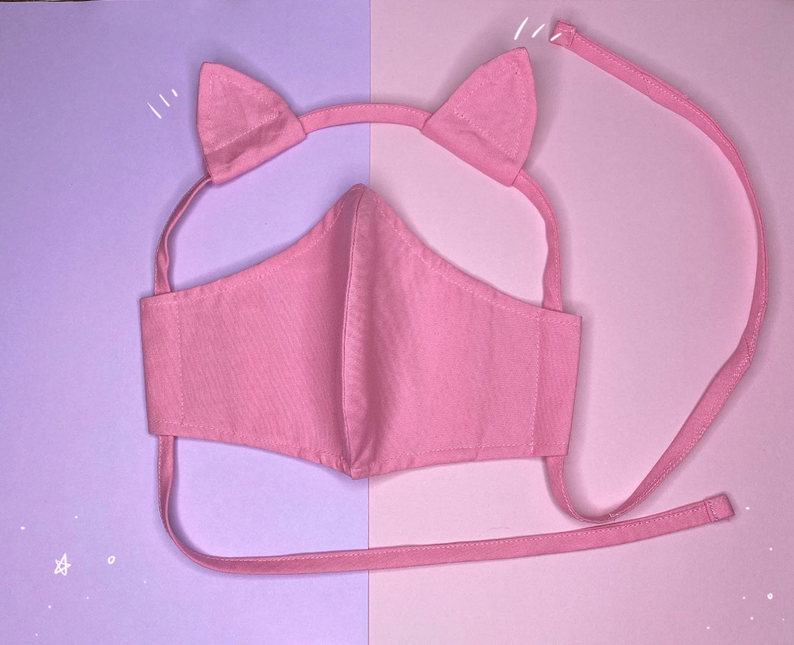 Pink Cat Ear Headband & Fitted Face Mask With Filter Pocket - Etsy UK