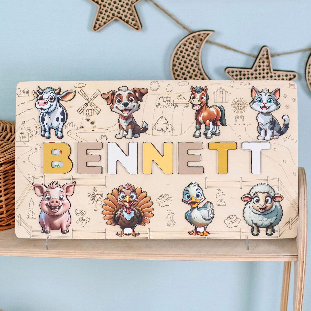 Farm Animal Name Puzzle, Toddler Wooden Sensory Toy, Baby Boy Girl Gift ...