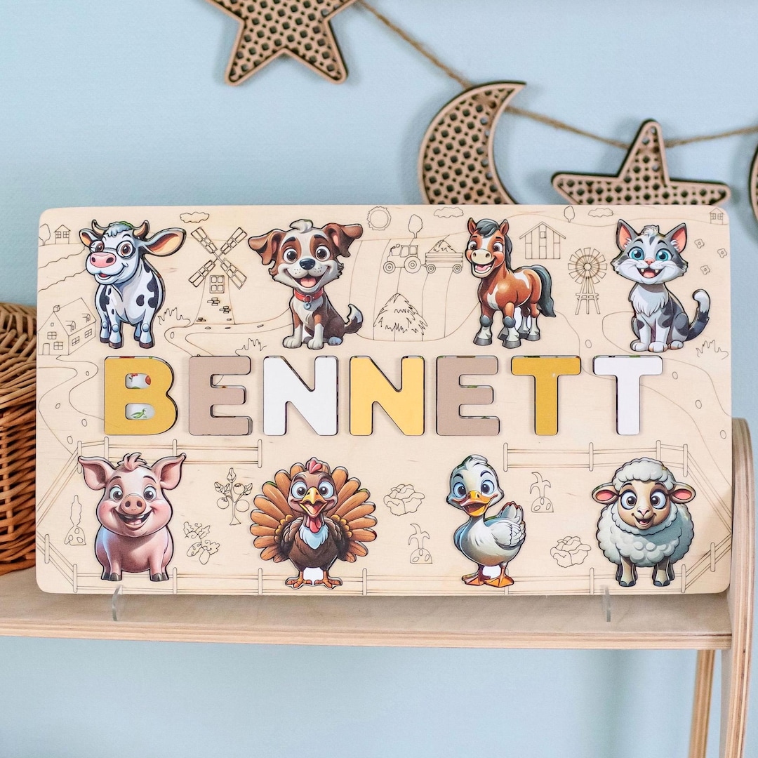 Farm Animal Name Puzzle, Toddler Wooden Sensory Toy, Baby Boy Girl Gift ...