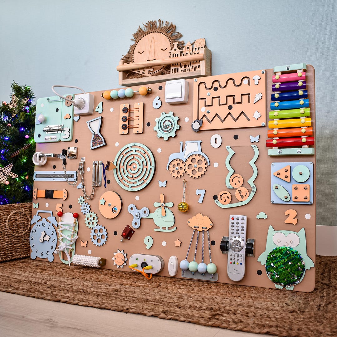 Montessori XL Busy Board With LED Switches, Wooden Sensory Board ...