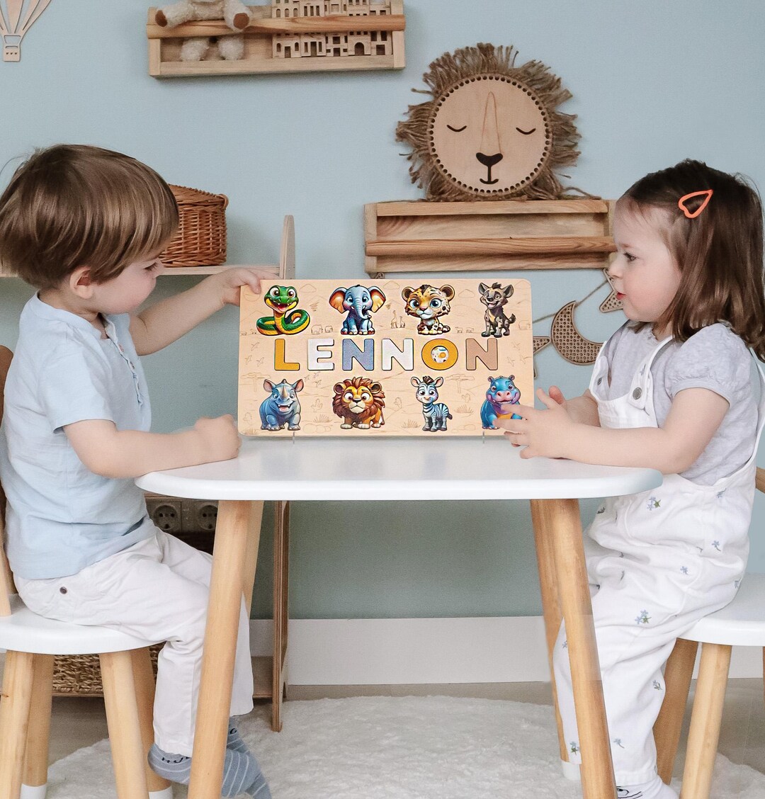 Safari Animals Name Puzzle, Montessori Toys Personalized Baby Gift ...