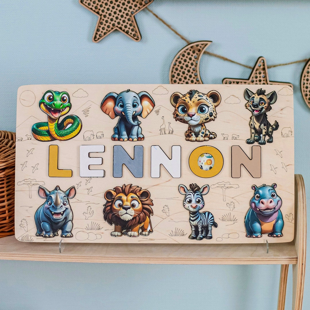 Safari Animals Name Puzzle, Montessori Toys, Personalized Baby Gift ...